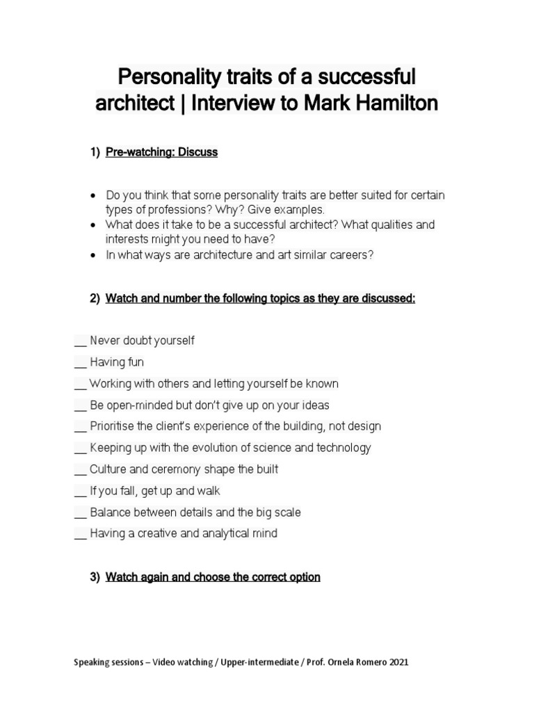 Personality Traits of A Successful Architect - Worksheet | PDF ...