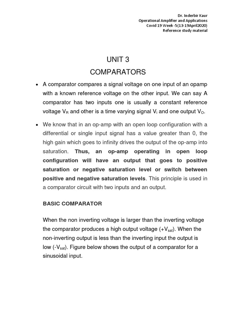 Unit 3 Comparators | PDF | Operational Amplifier | Amplifier