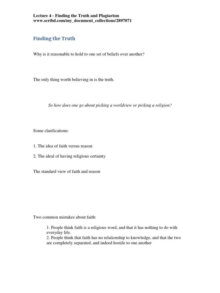 Handout 4 - Finding The Truth and Plagiarism | PDF | Faith | World View