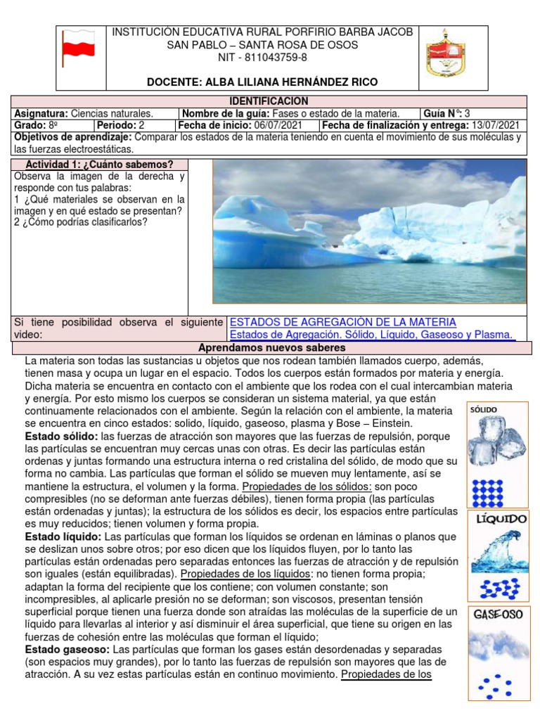 1 Guía 3 Estado de La Materia 8° | PDF | Fuerza | Gases