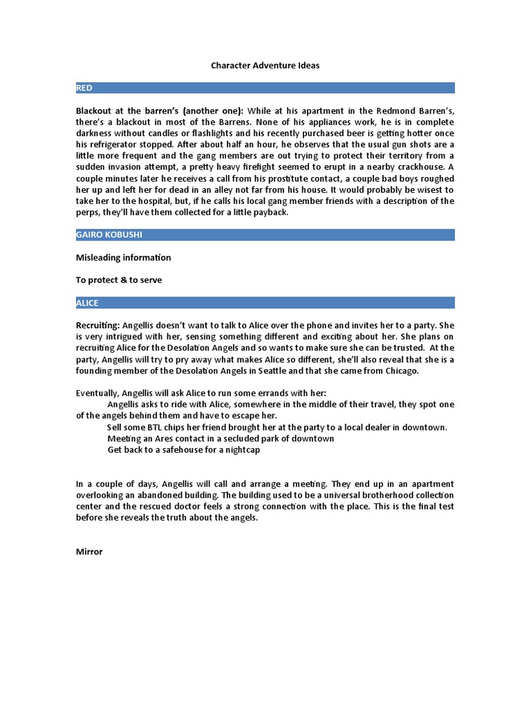 Character Adventure Ideas | PDF | Young Adult