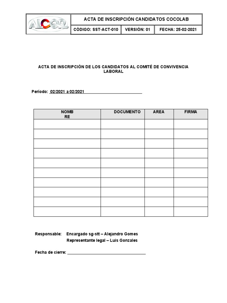 Sst-Act-010 Acta de Inscripción Cocolab | PDF