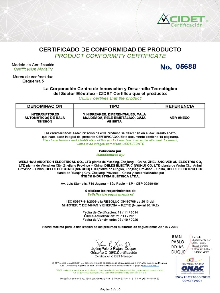 Certificado de Conformidad de Producto Product Conformity Certificate ...
