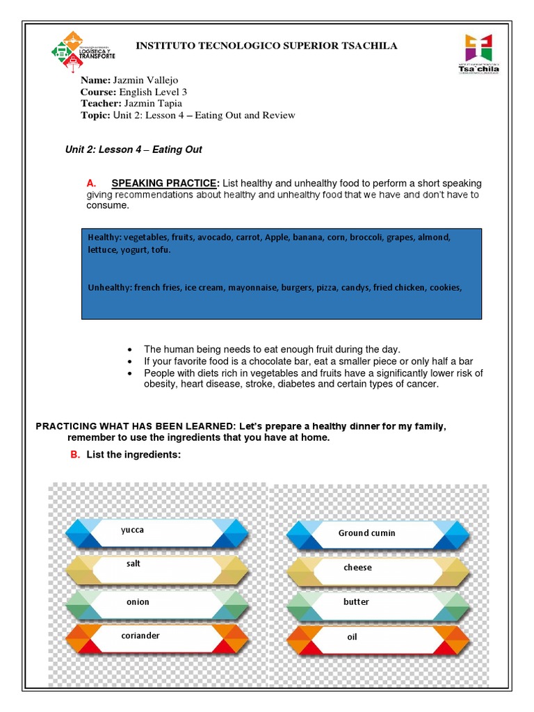 Healthy Eating and Food Vocabulary Review: Preparing a Nutritious ...