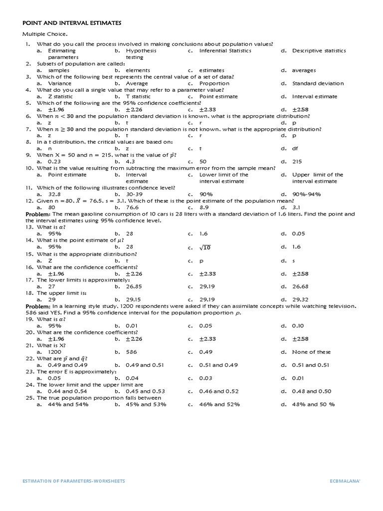 Worksheets Estimation of Parameters PDF Free | PDF | Confidence ...