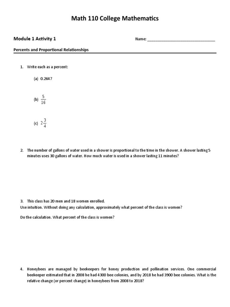 M1 Activity 1 - Percents and Proportional Relationships | PDF ...
