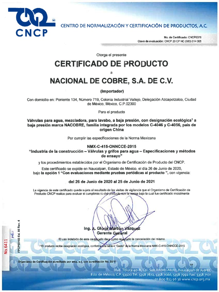 Certificado CNCP Mezcladora Lavabo C-4046 Nacobre | PDF
