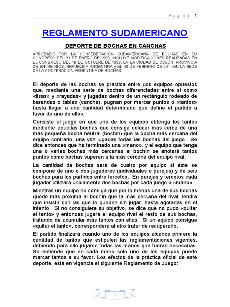 Reglamento Sudamericano de Bochas | PDF | Juegos de pelota | Deportes