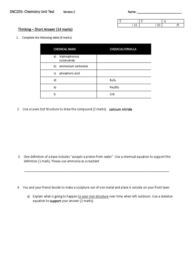 SNC2D5c - Chemistry UNIT Test 2020 - Version 2 | PDF | Chemical ...