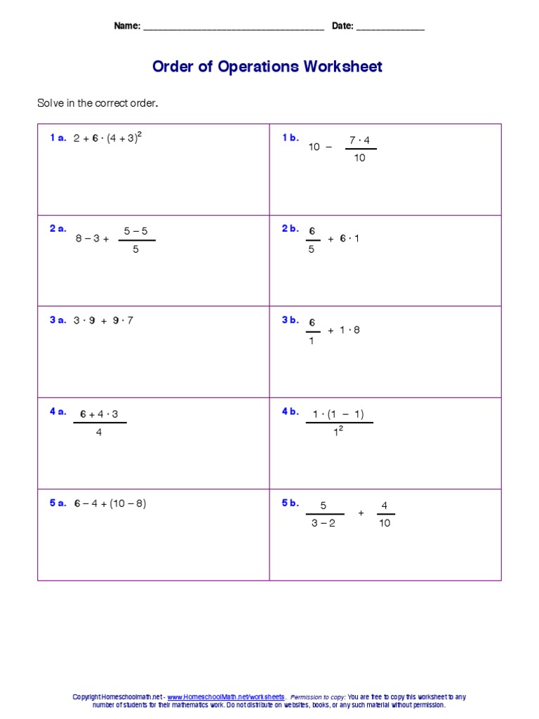 Order of Operations Worksheet: Solve in The Correct Order | PDF