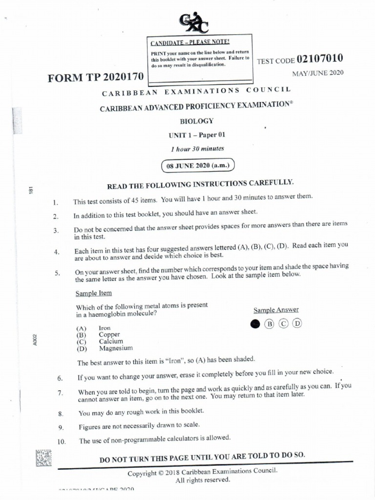 Biology Unit 1 Paper 1 2020 | PDF