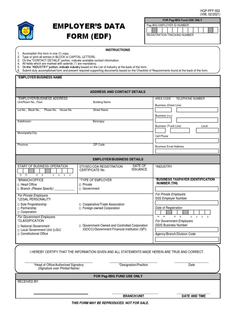 Employer'S Data Form (Edf) : For Private Employers For Private ...