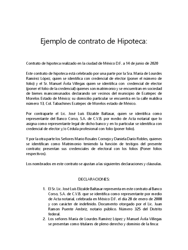 Ejemplo de Contrato de Hipoteca | PDF | Hipoteca Comercial | Finanzas y administración del dinero