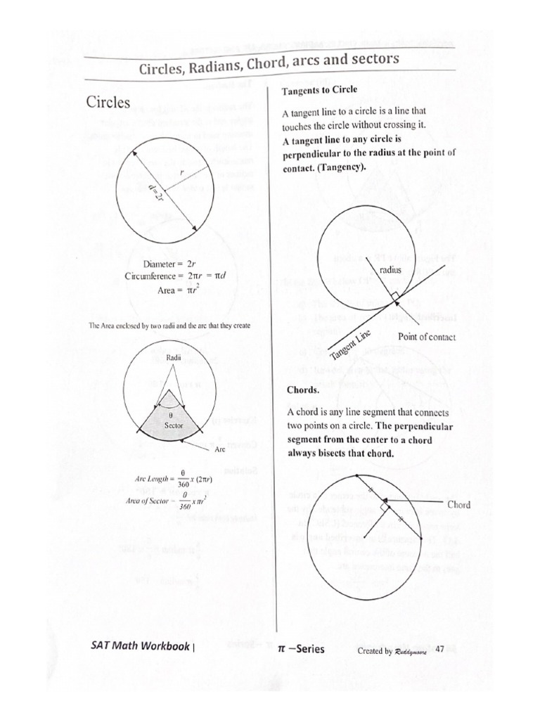 SAT Math Circles, Radians, Chord, Arc & Sectors | PDF