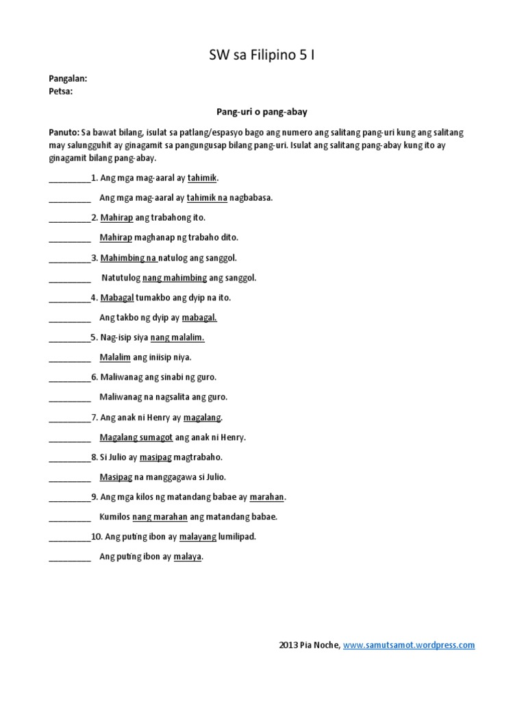 Seatwork Sa Filipino 5 | PDF