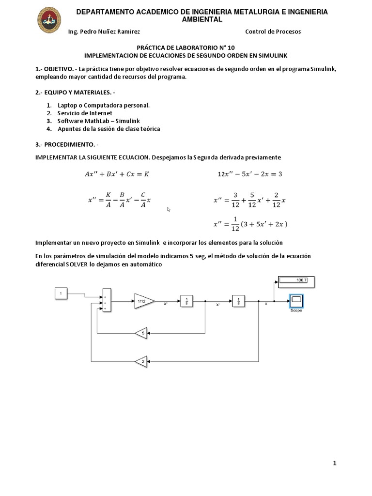 Practica Laboratorio 10 Implementacion de Ecuaciones de Segundo Orden en Simulink | PDF ...