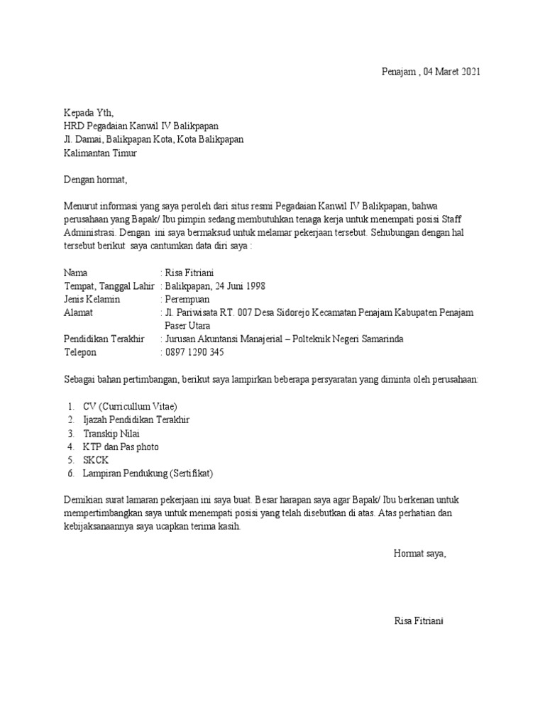 Contoh Surat Lamaran Kerja Bagian Admin | PDF