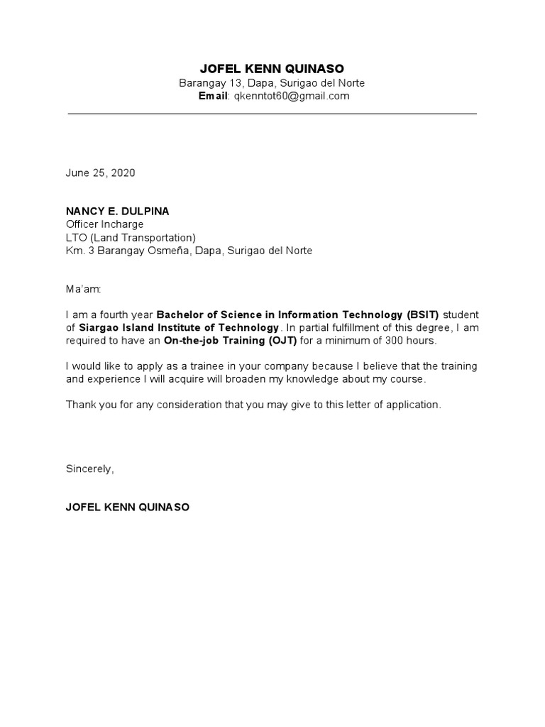 Application Letter For Ojt | PDF