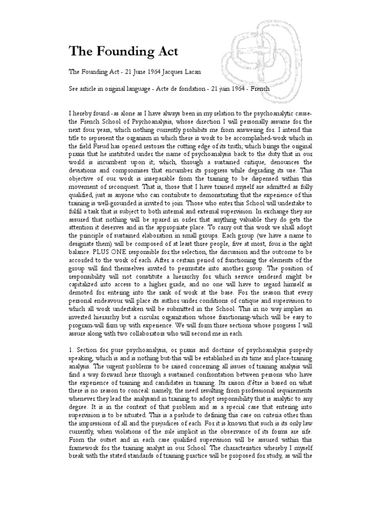 The Founding Act | PDF | Psychoanalysis | Jacques Lacan