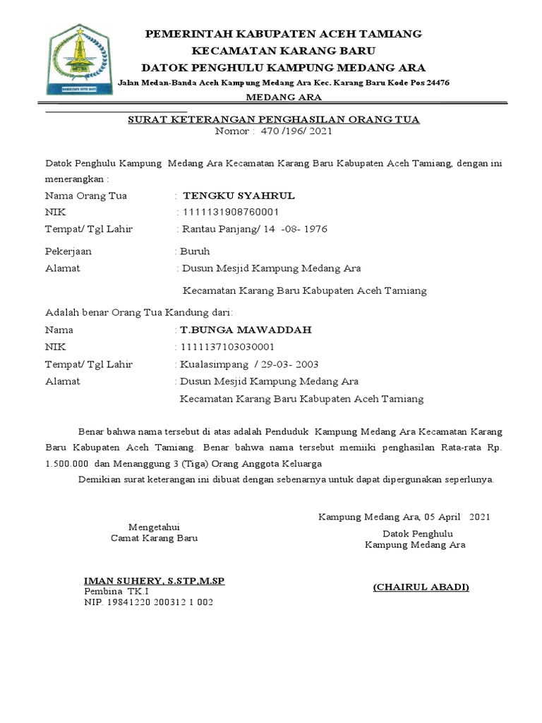 SURAT KETERANGAN PENGHASILAN ORANG TUA TTD Camat | PDF