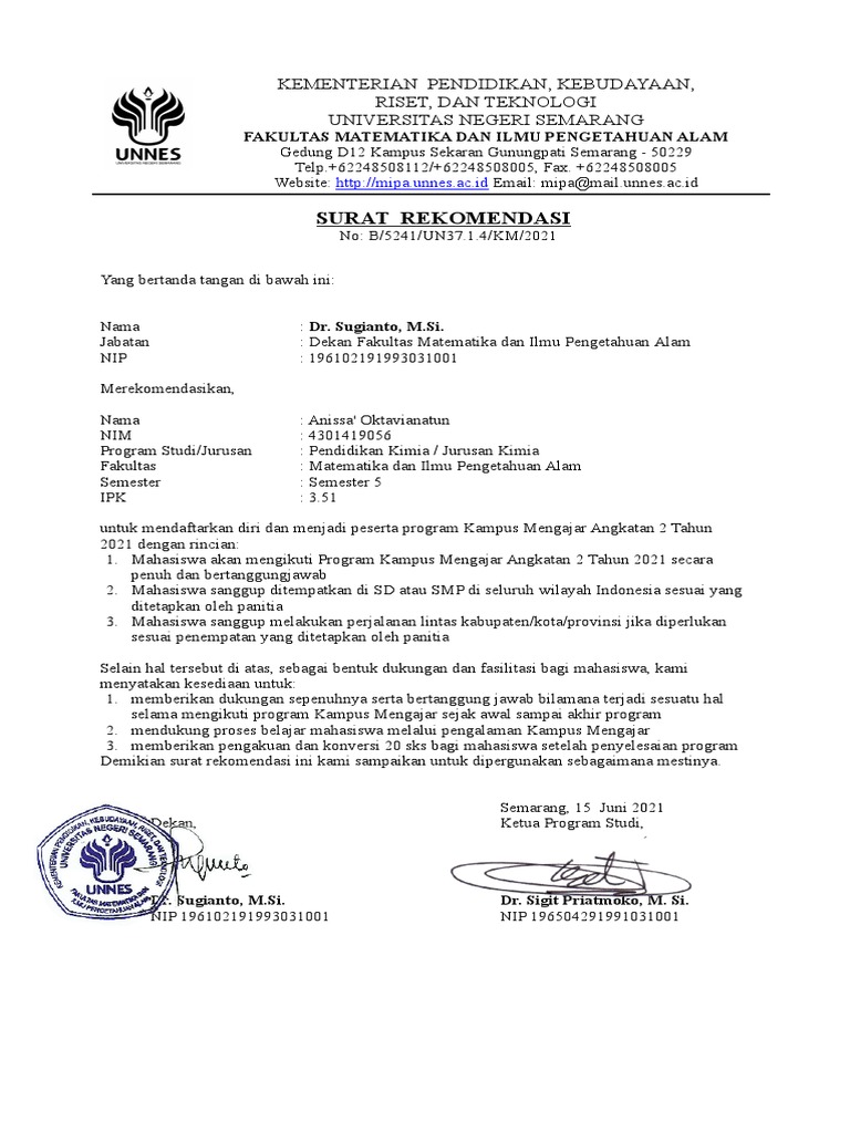 Surat Rekomendasi: Kementerian Pendidikan, Kebudayaan, Riset, Dan ...