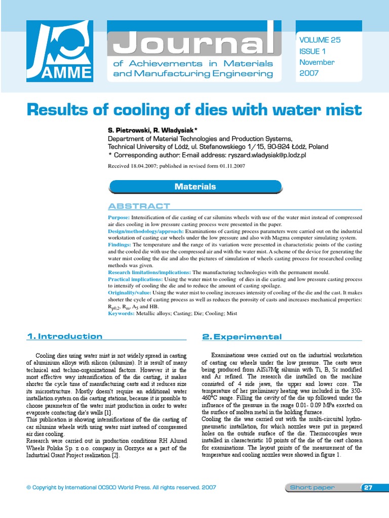 Results of Cooling of Dies With Water Mist: of Achievements in ...