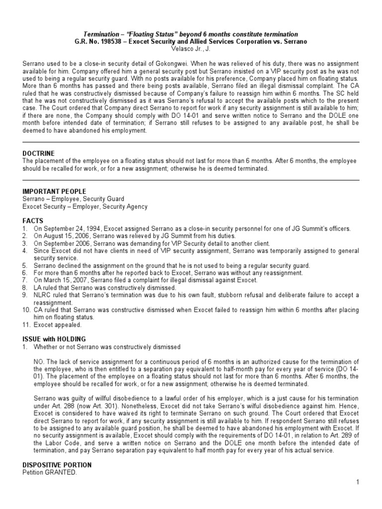Termination - "Floating Status" Beyond 6 Months Constitute Termination ...