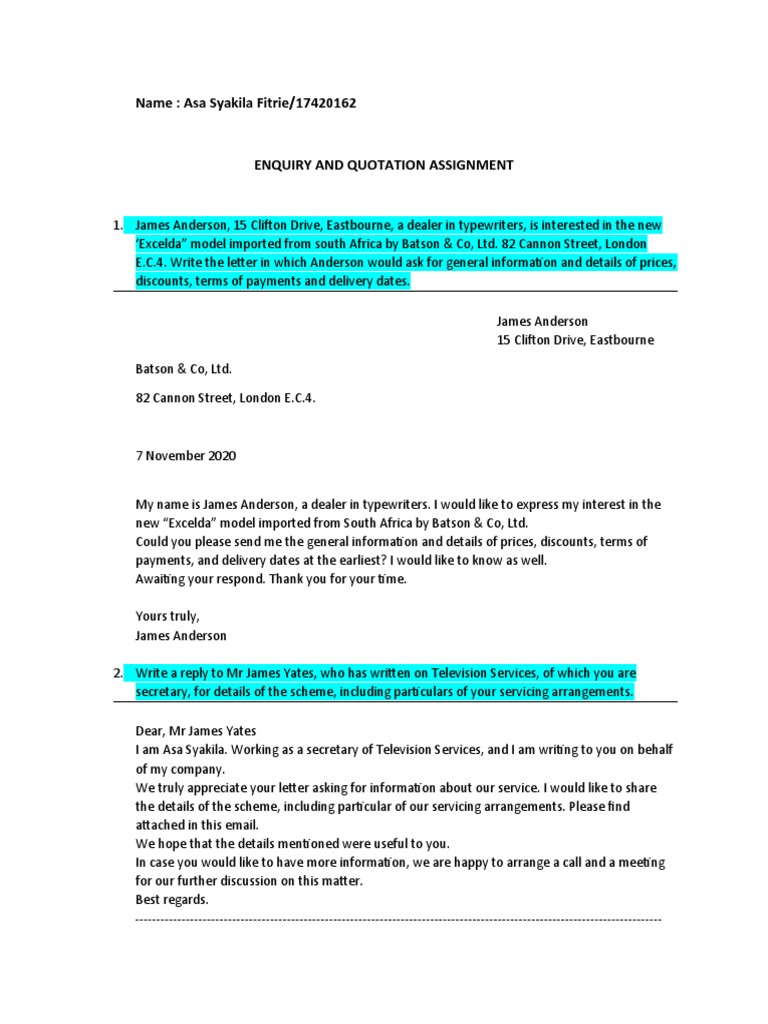 Asa - ENQUIRY AND QUOTATION ASSIGNMENT | PDF | Business