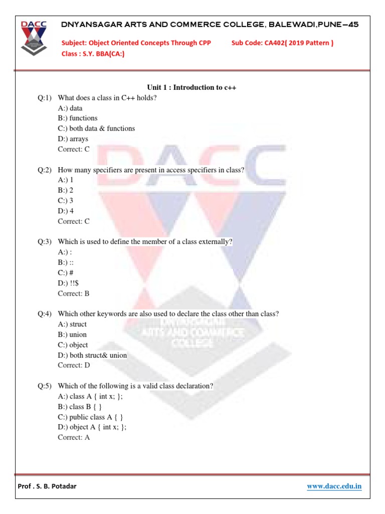 C++ MCQ Dacc | PDF | Class (Computer Programming) | Inheritance (Object Oriented Programming)
