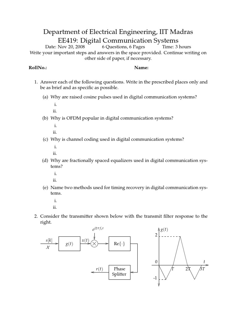 EE419 Digital Communication Systems Questions | PDF | Data Transmission | Telecommunications ...