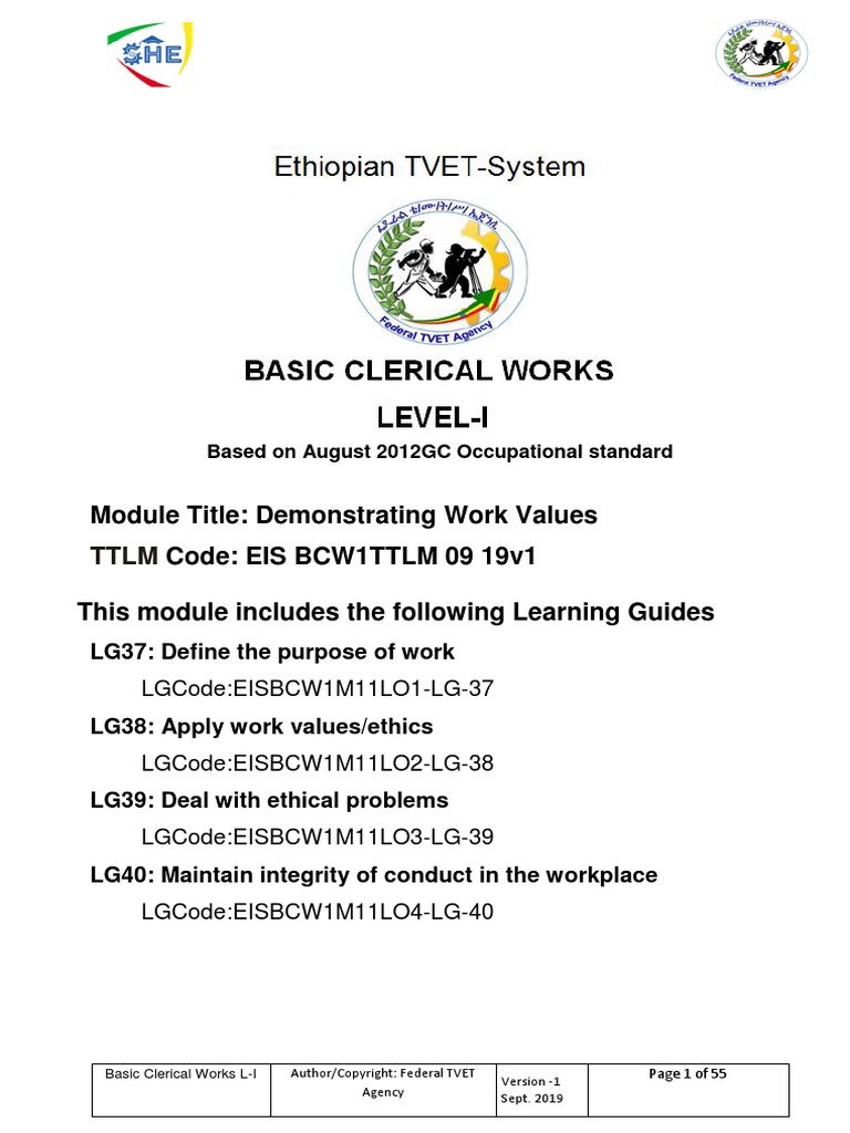 Module Title: Demonstrating Work Values Code: EIS BCW1TTLM 09 19v1 This ...