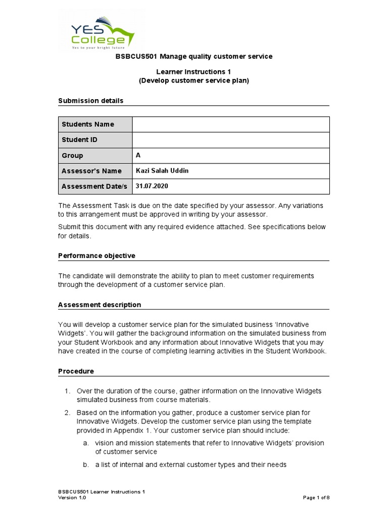 BSBCUS501 Manage Quality Customer Service Learner Instructions 1 ...