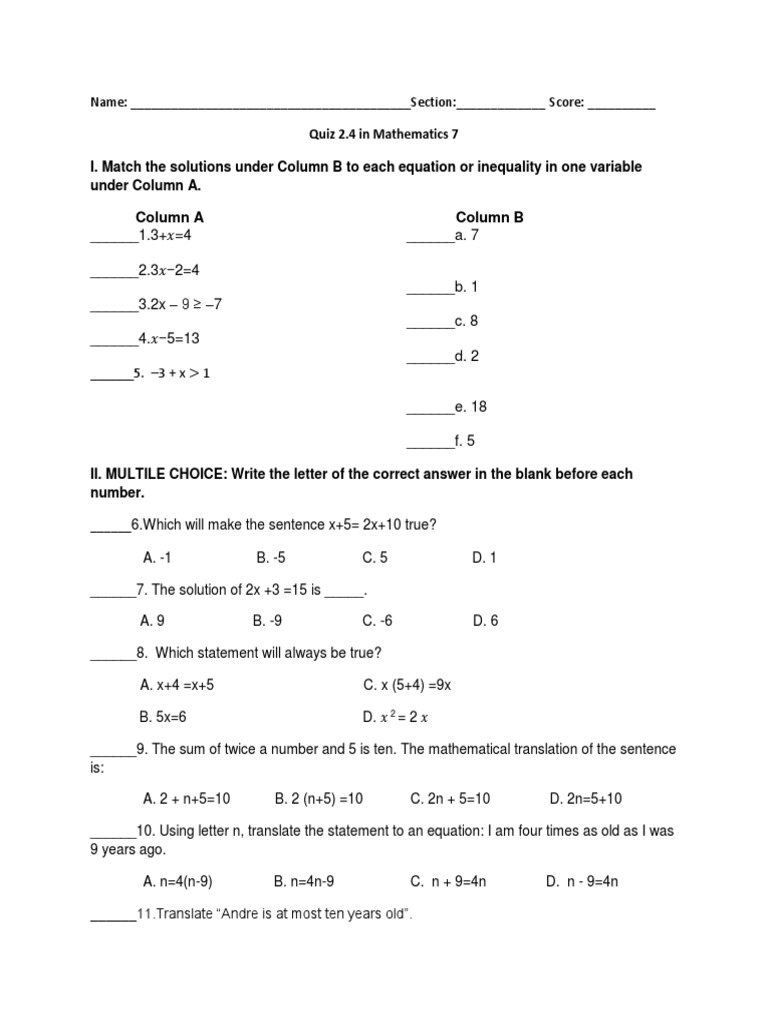 Math 7 - Quiz 2.4 - Q2 W 7-8 | PDF | Numbers | Algebra
