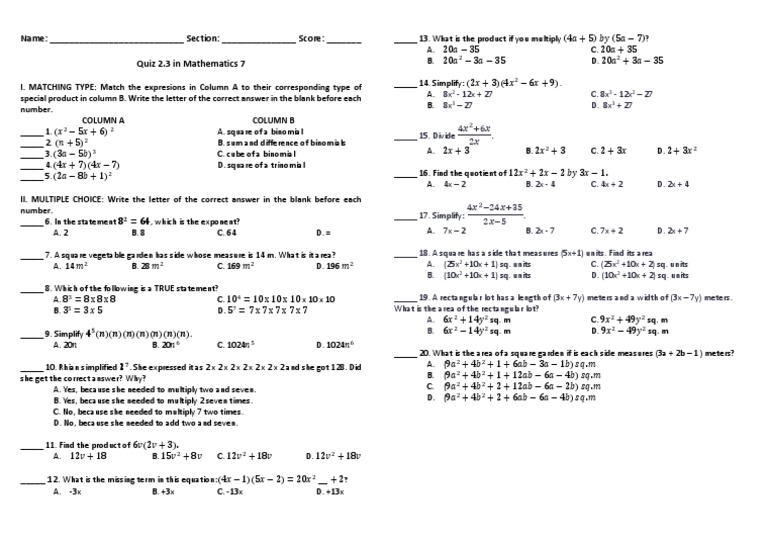 Math 7 - Quiz 2.3 - Q2 W 5-6 | PDF | Mathematical Objects | Teaching ...