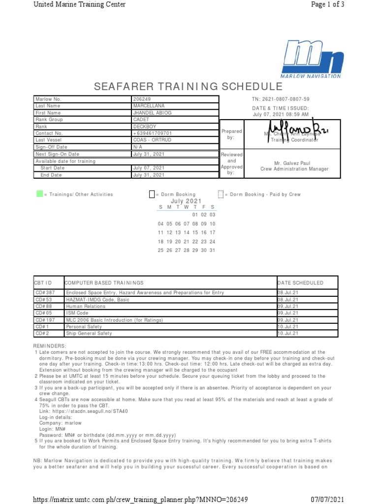 Seafarer Training Schedule: July 2021 | PDF | Transport | Business