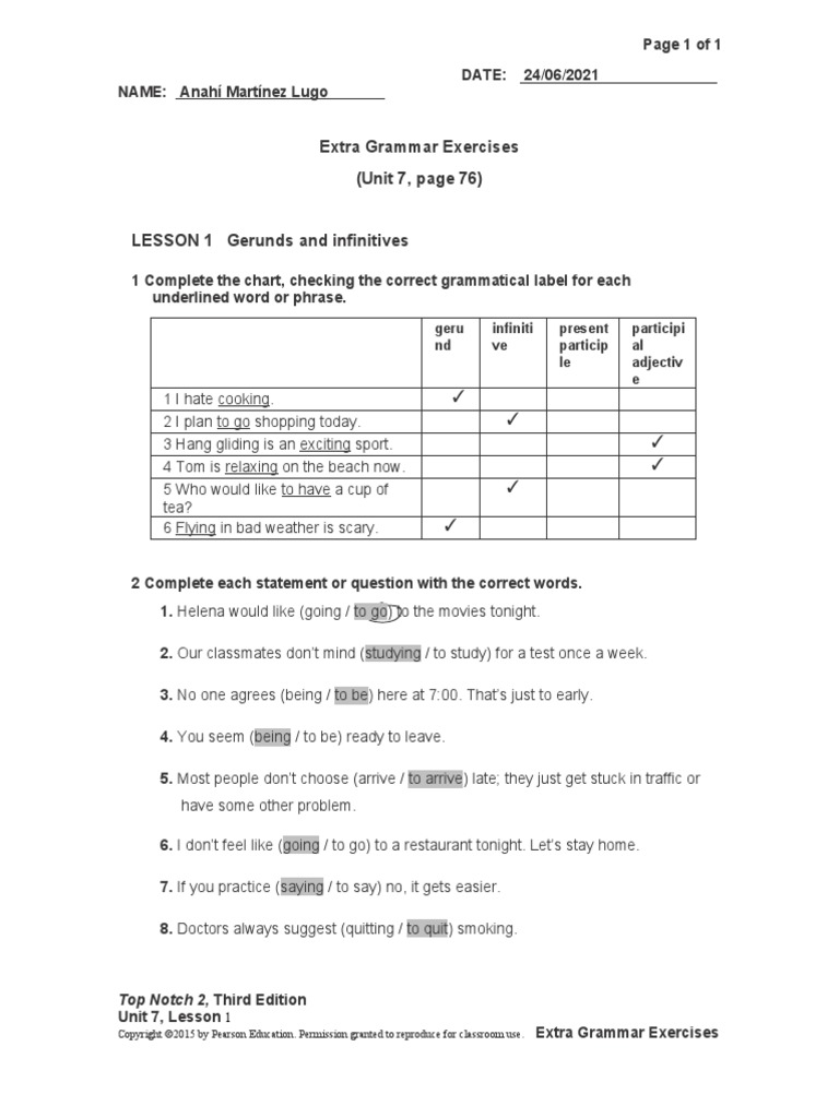 Unit 07 Extra Grammar Exercises PDF Linguistics