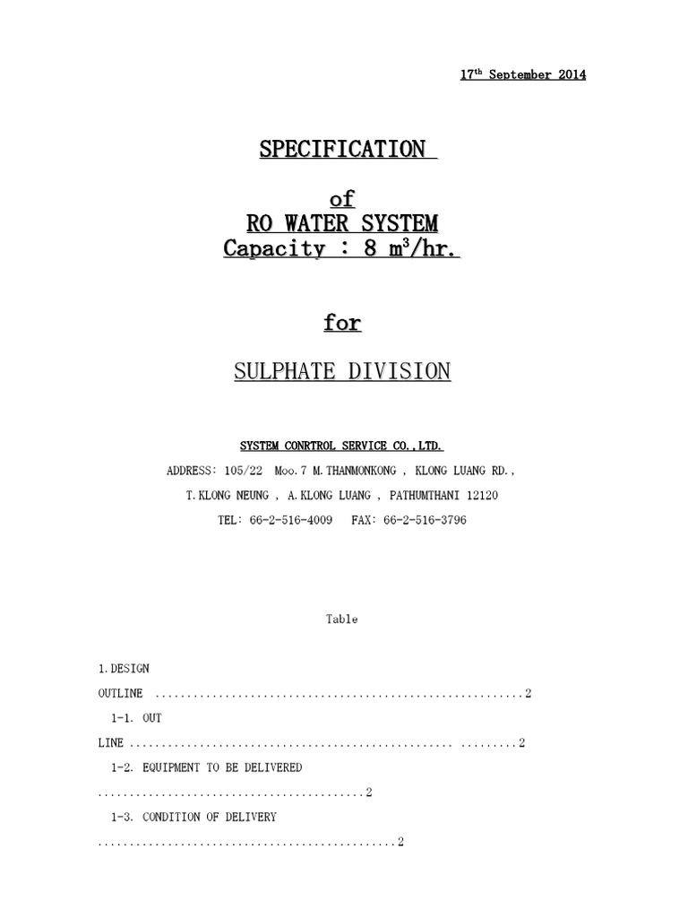 RO Water System Specification | PDF | Switch | Water Supply Network