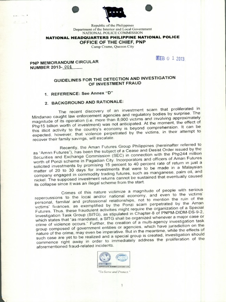 PNP MC 2013-001 Guidelines For The Detection and Investigation of ...