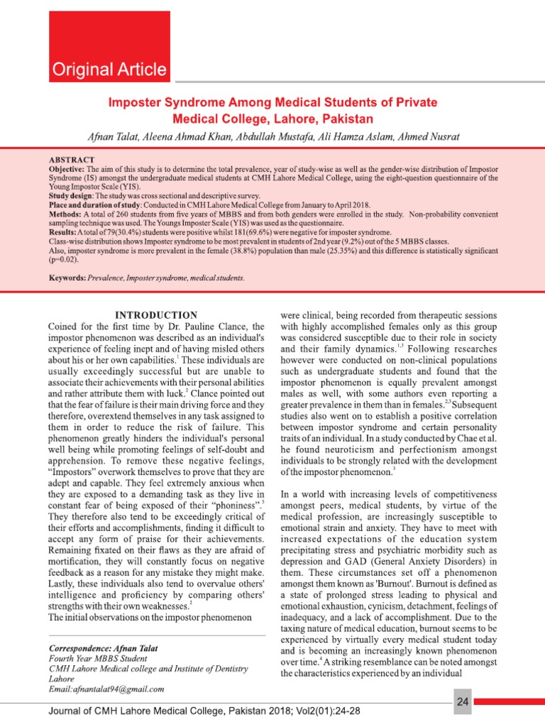 Imposter Syndrome Among Medical Students of Private Medical College ...