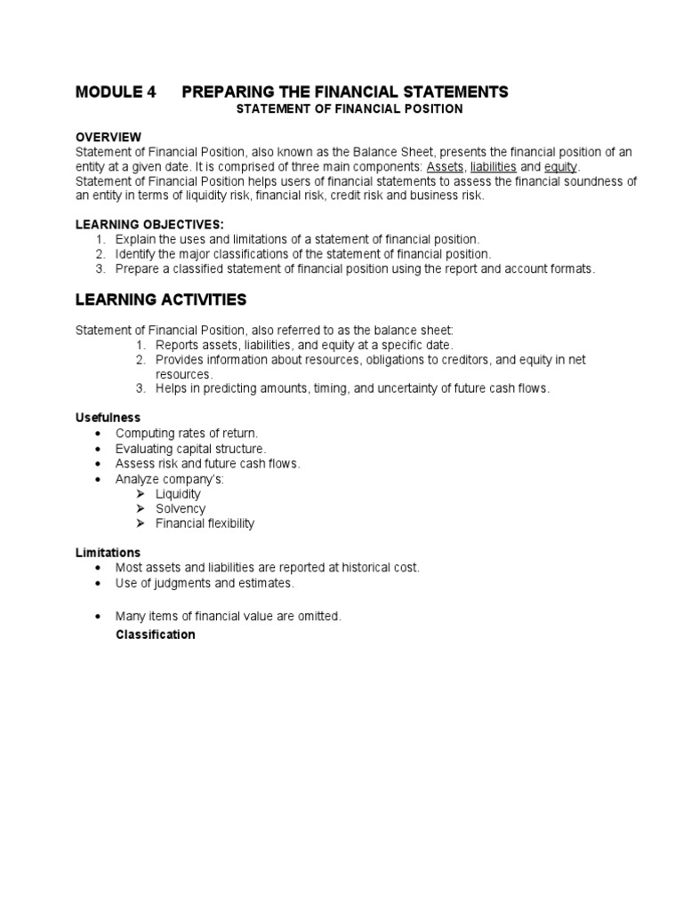 Module 4 Preparing The Financial Statements: Statement of Financial ...