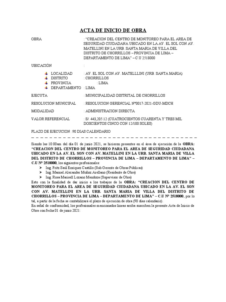 Acta de Inicio de Obra | PDF