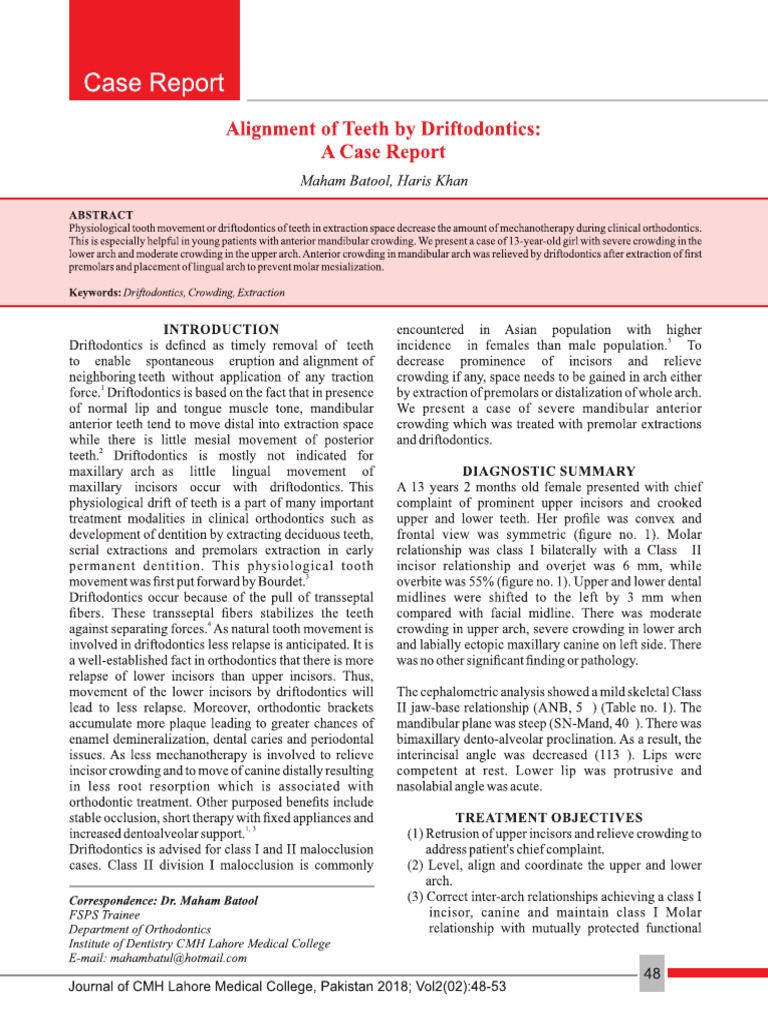 Alignmen of Teeth by Driftodontics: A Case Report | PDF | Human Head And Neck | Face