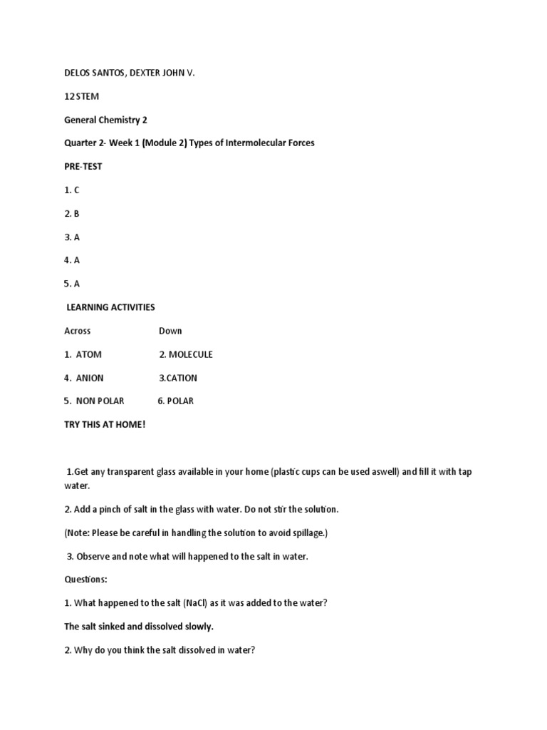 General Chemistry 2 Quarter 2-Week 1 (Module 2) Types of Intermolecular ...