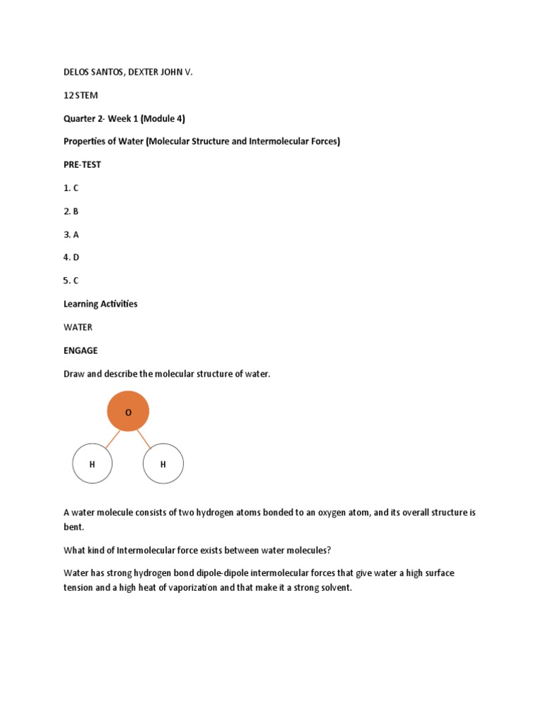 Quarter 2-Week 1 (Module 4) Properties of Water (Molecular Structure ...