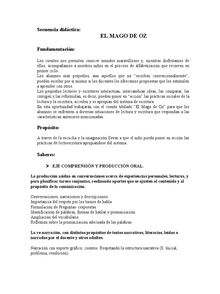 Secuencia Didáctica: El Mago de Oz | PDF | Escritura | Science