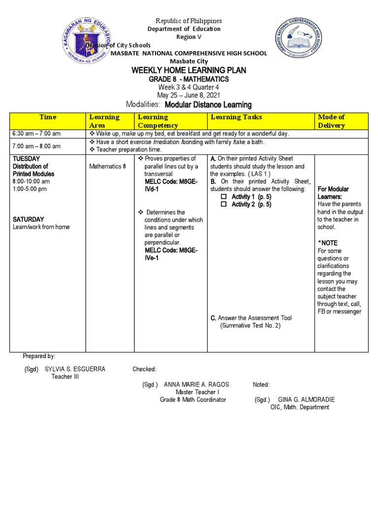 Weekly Home Learning Plan: Time Learning Area Learning Competency ...