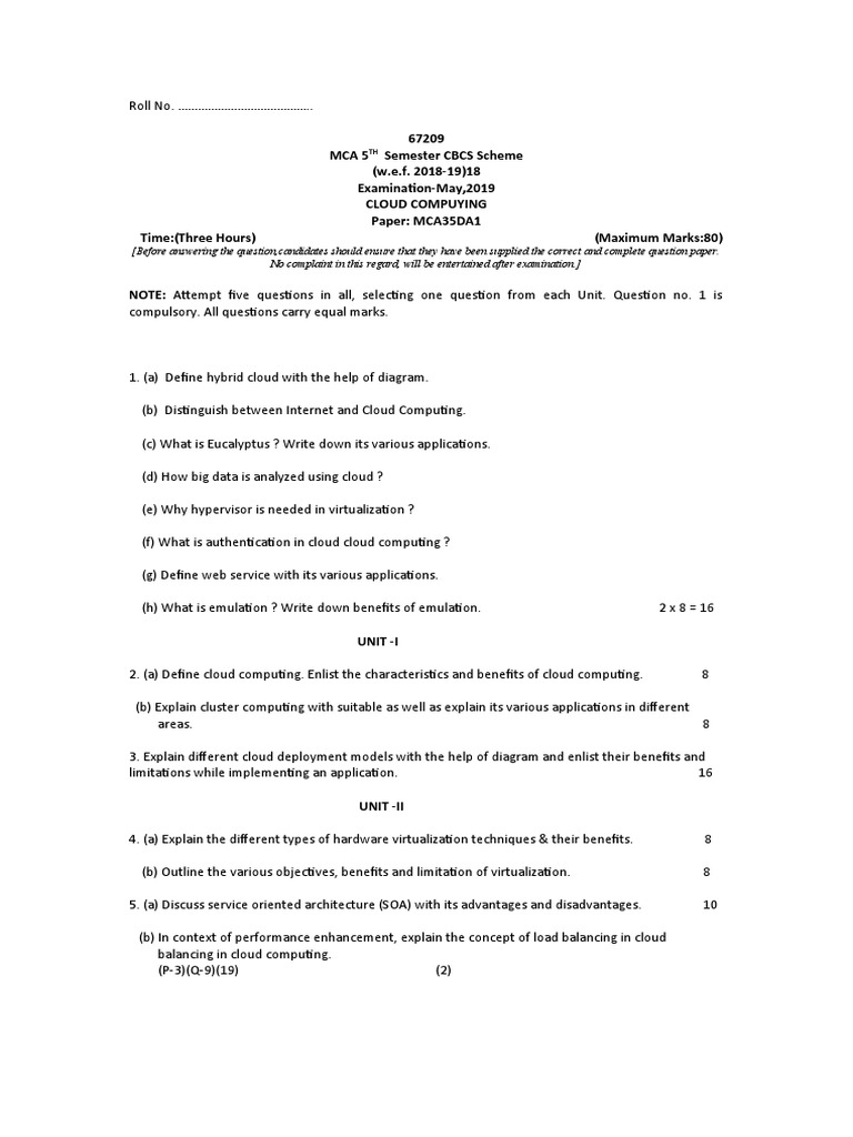 MDU Rohtak Mca Cloud Computing Question Paper 2019 | PDF | Virtualization | Cloud Computing