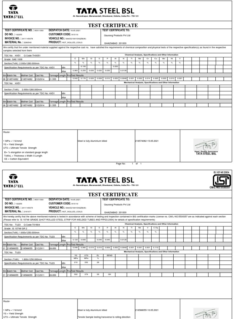 Test Certificate | PDF | Ultimate Tensile Strength | Rolling (Metalworking)