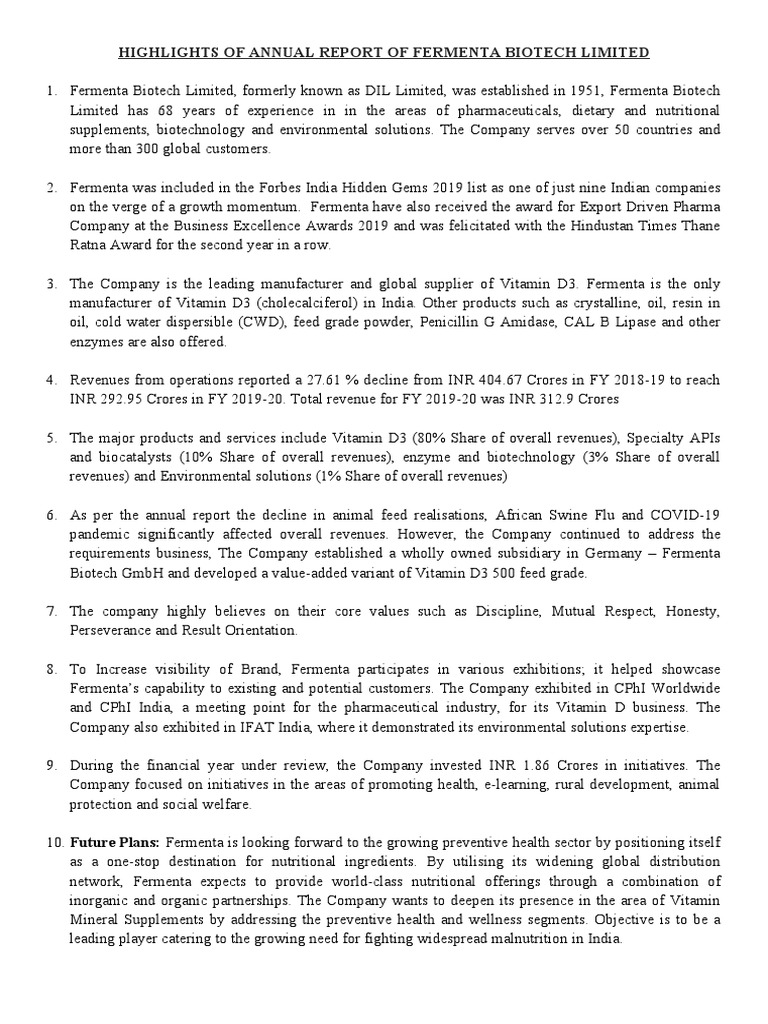 Highlights of Annual Report of Fermenta Biotech Limited | Download Free ...