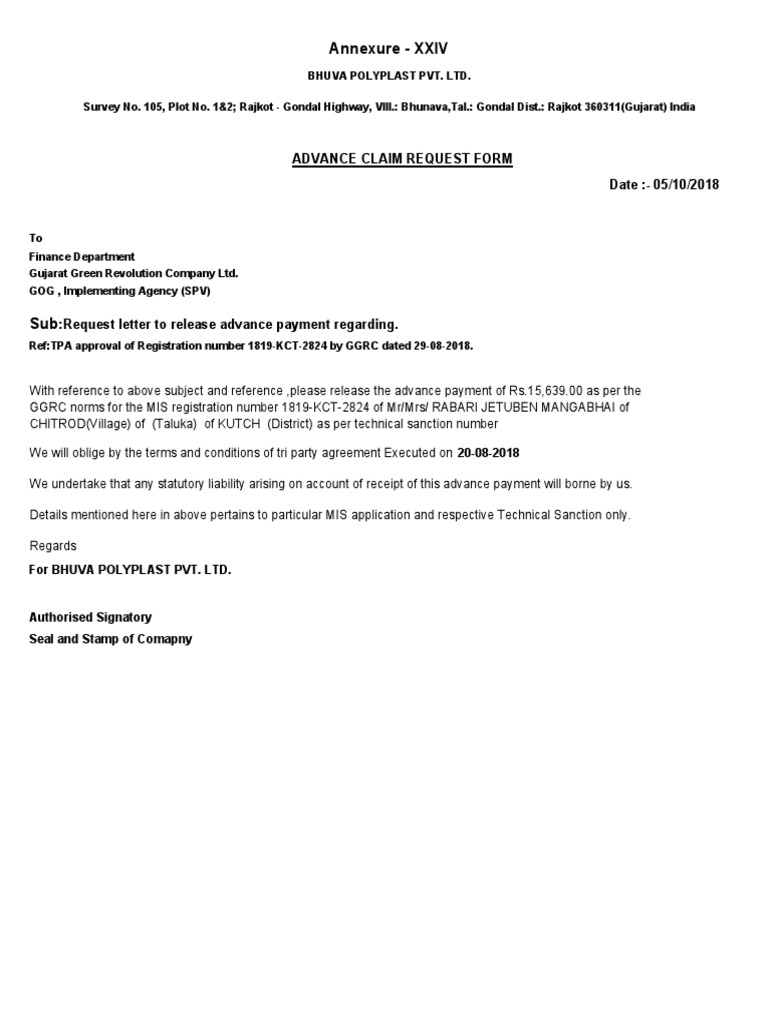 Annexure - XXIV: Advance Claim Request Form Date:-05/10/2018 | PDF ...